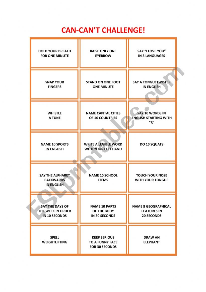 CAN-CANï¿½T CHALLENGE. I BET YOU CANï¿½T... - ESL worksheet by ...