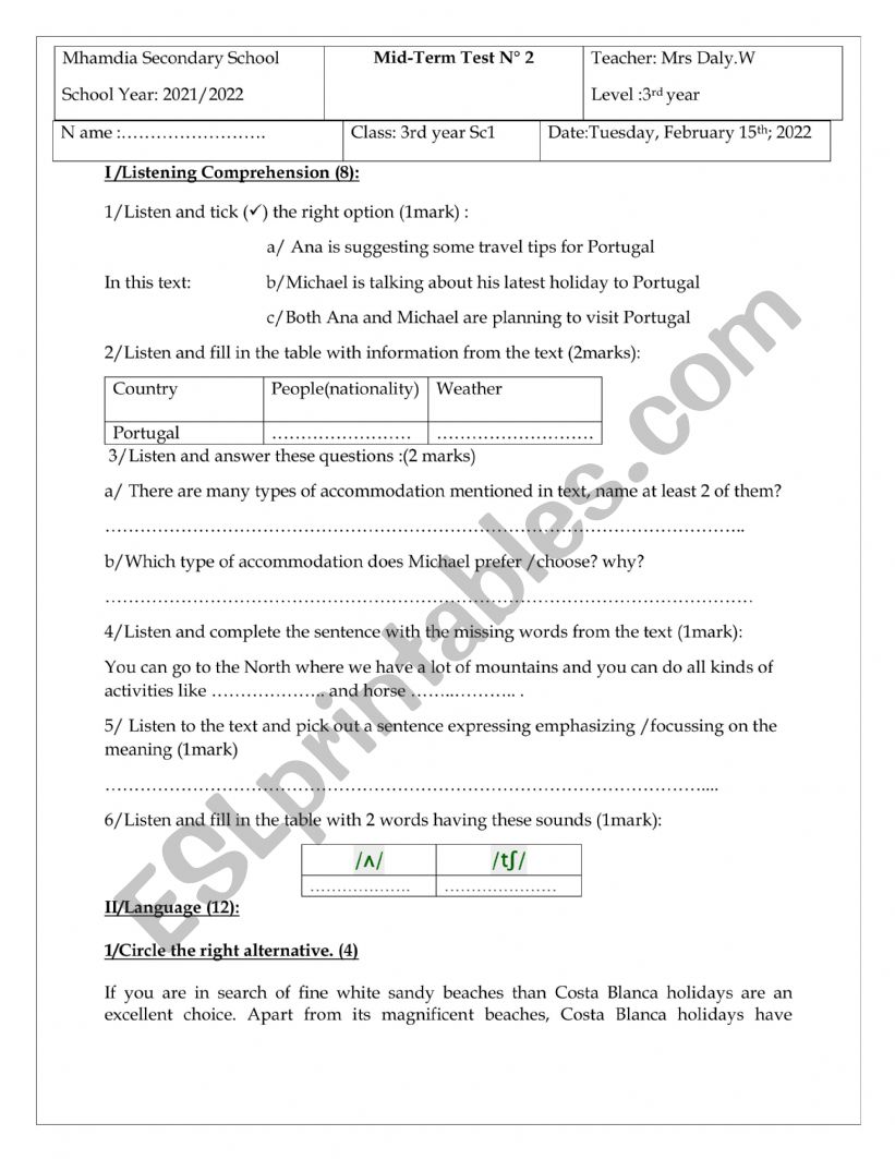 Mid- term test n°2 - ESL worksheet by dorralinda