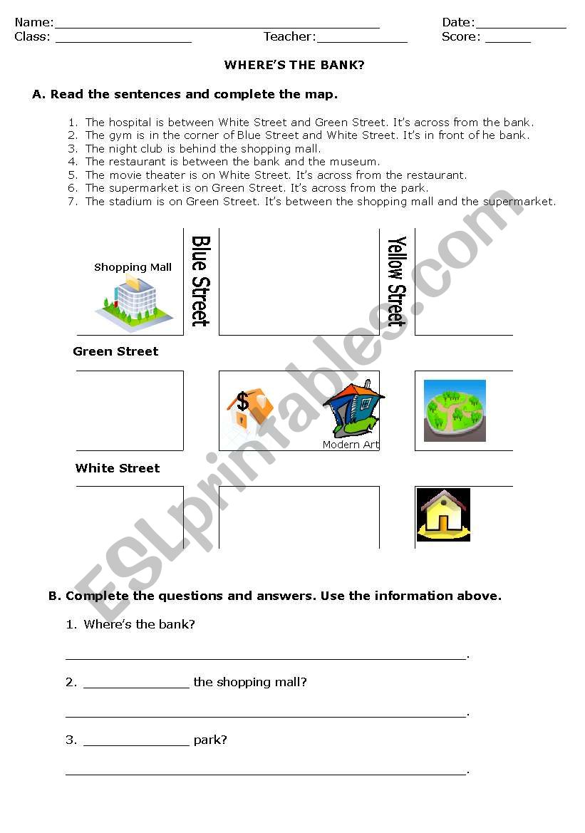 Where´s the bank? - ESL worksheet by skarfreak