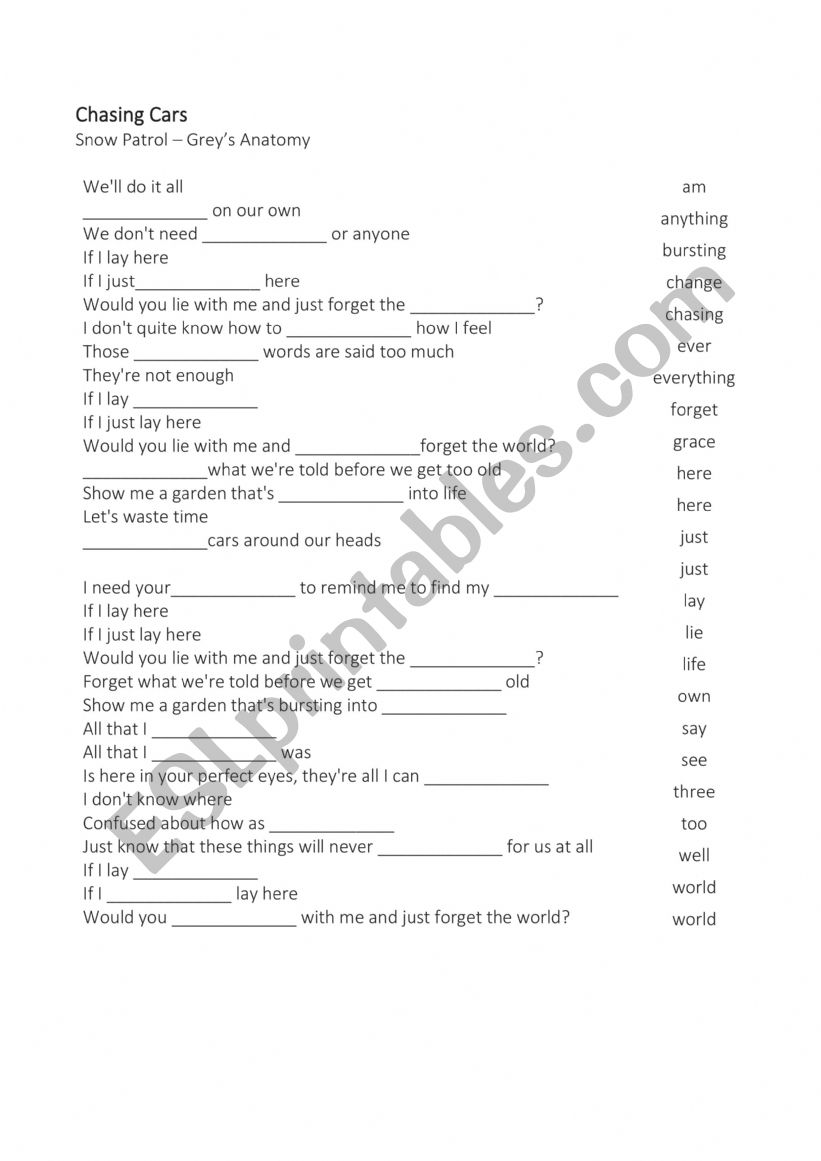 Chasing Cars - Greyï¿½s Anatomy - Snow Patrol - ESL worksheet by ...
