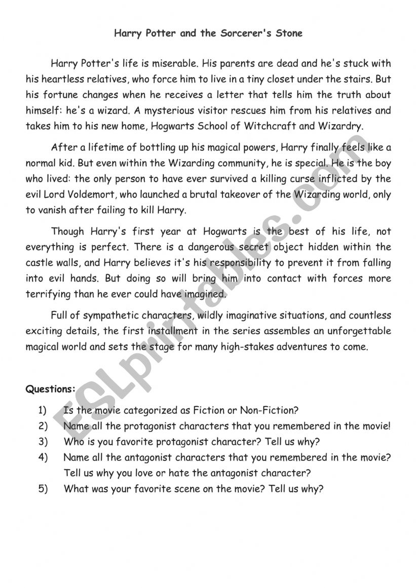 Synopsis of Harry Potter - ESL worksheet by faridahasba