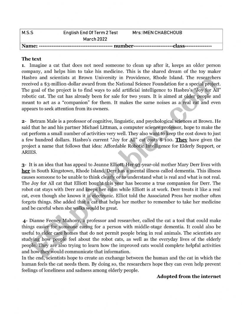 english test n°2 third form - ESL worksheet by mummyy