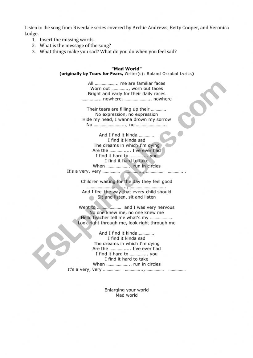 Mad World listening exercise - ESL worksheet by annalarionova