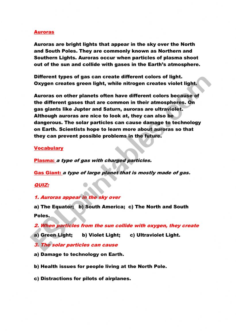 English worksheets: AURORAS