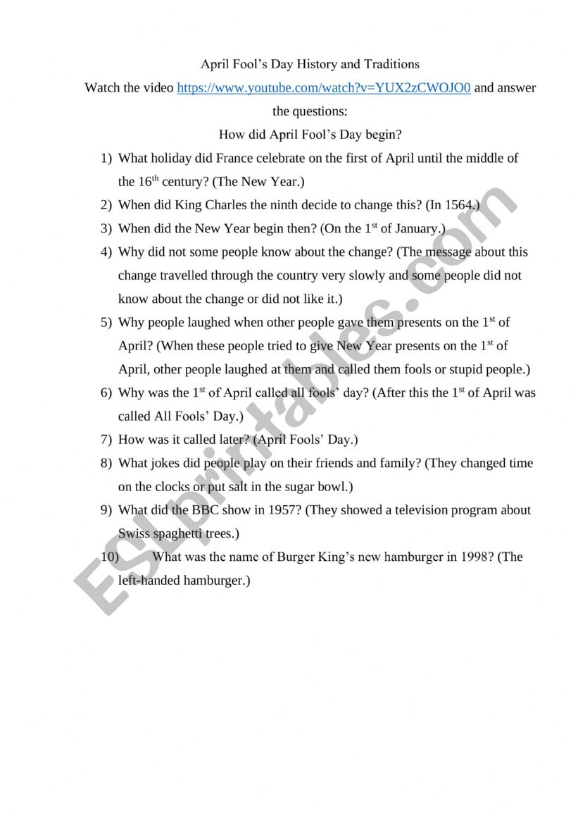 April Fool’s Day History and Traditions - ESL worksheet by Alina Viktorovna