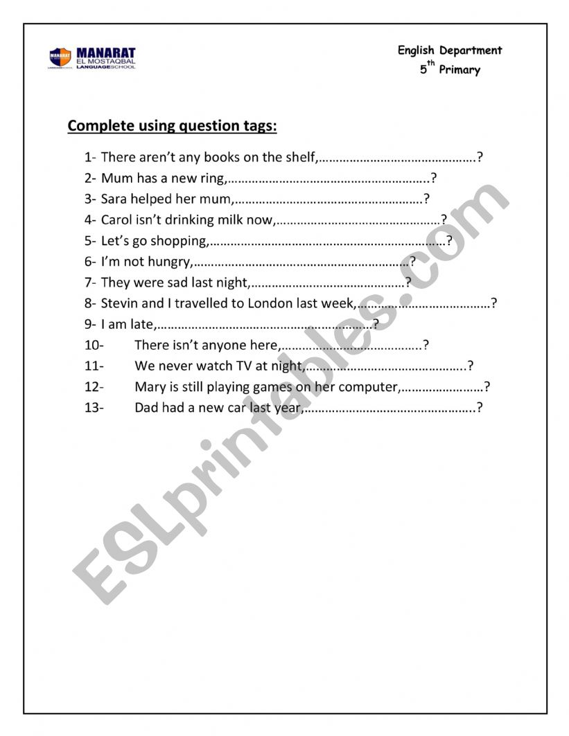 question tags question and answers - ESL worksheet by amalkhamis