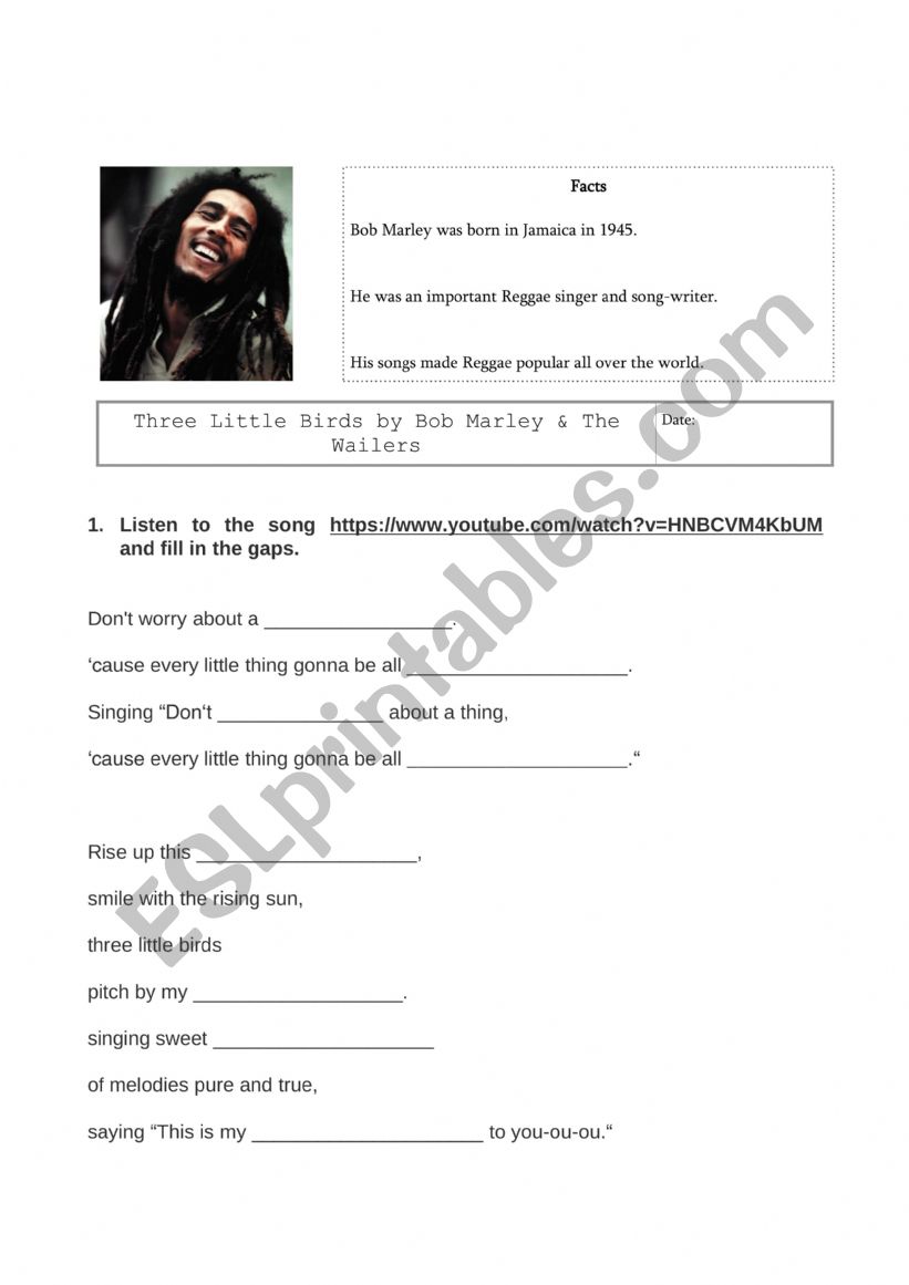 Song analysis - Three Little Birds by Bob Marley - ESL worksheet by ...