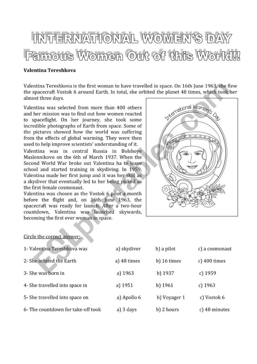 WOMEN`S DAY - FAMOUS SPACE WOMEN - ESL worksheet by knds