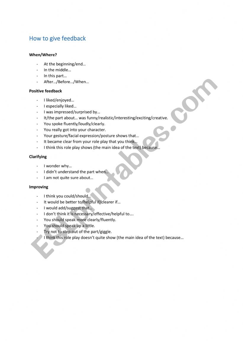 English worksheets: How to give feedback - useful phrases