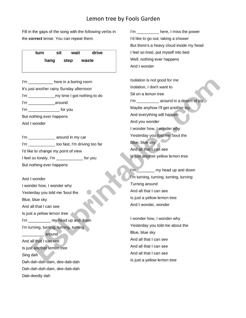 Lemon Tree Listening Present Progressive verbs - ESL worksheet by bugab0o