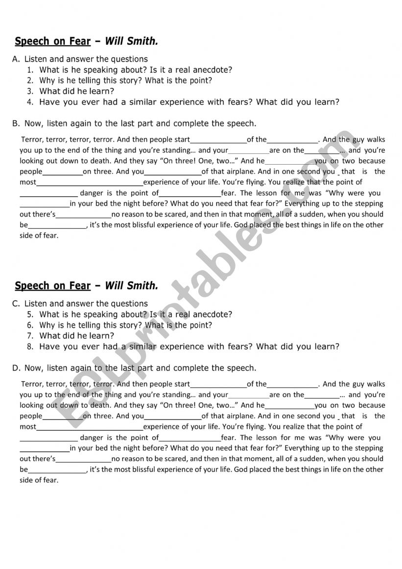 Speech on Fear - ESL worksheet by LucilaB