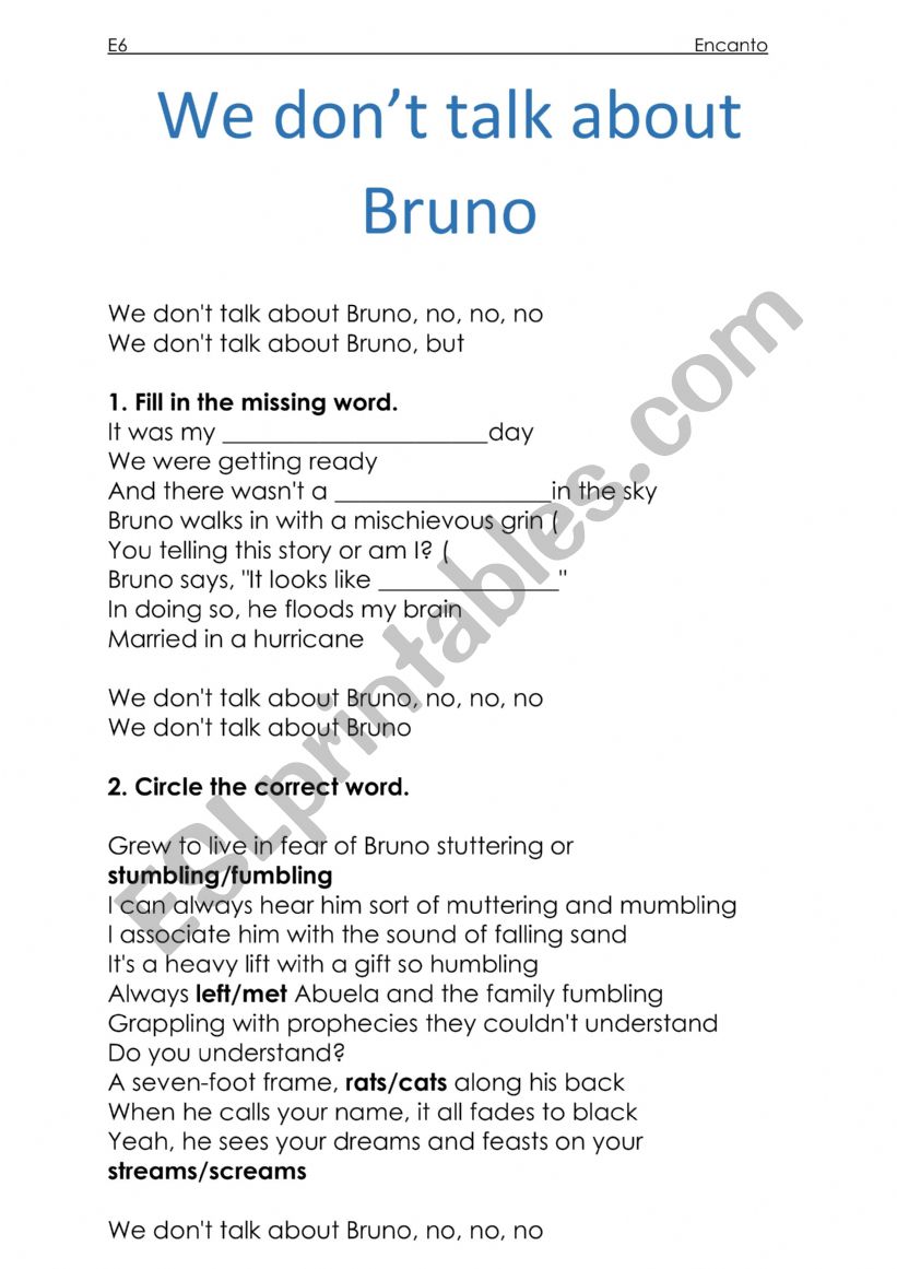Encanto We donÃ¯Â¿Â½t talk about Bruno - ESL worksheet by bytheseaside