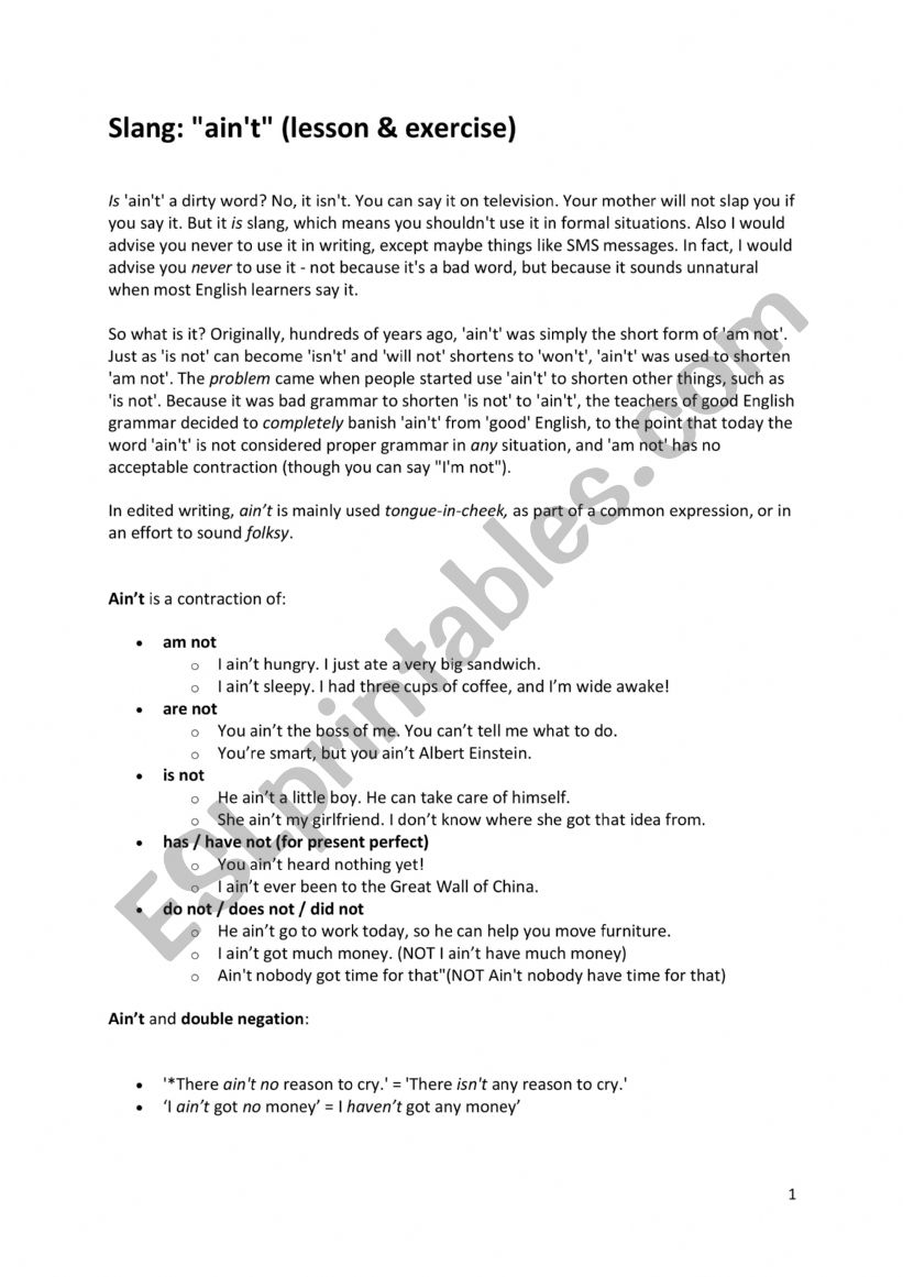 English worksheets: AIN T explained with plenty of examples incl. videos