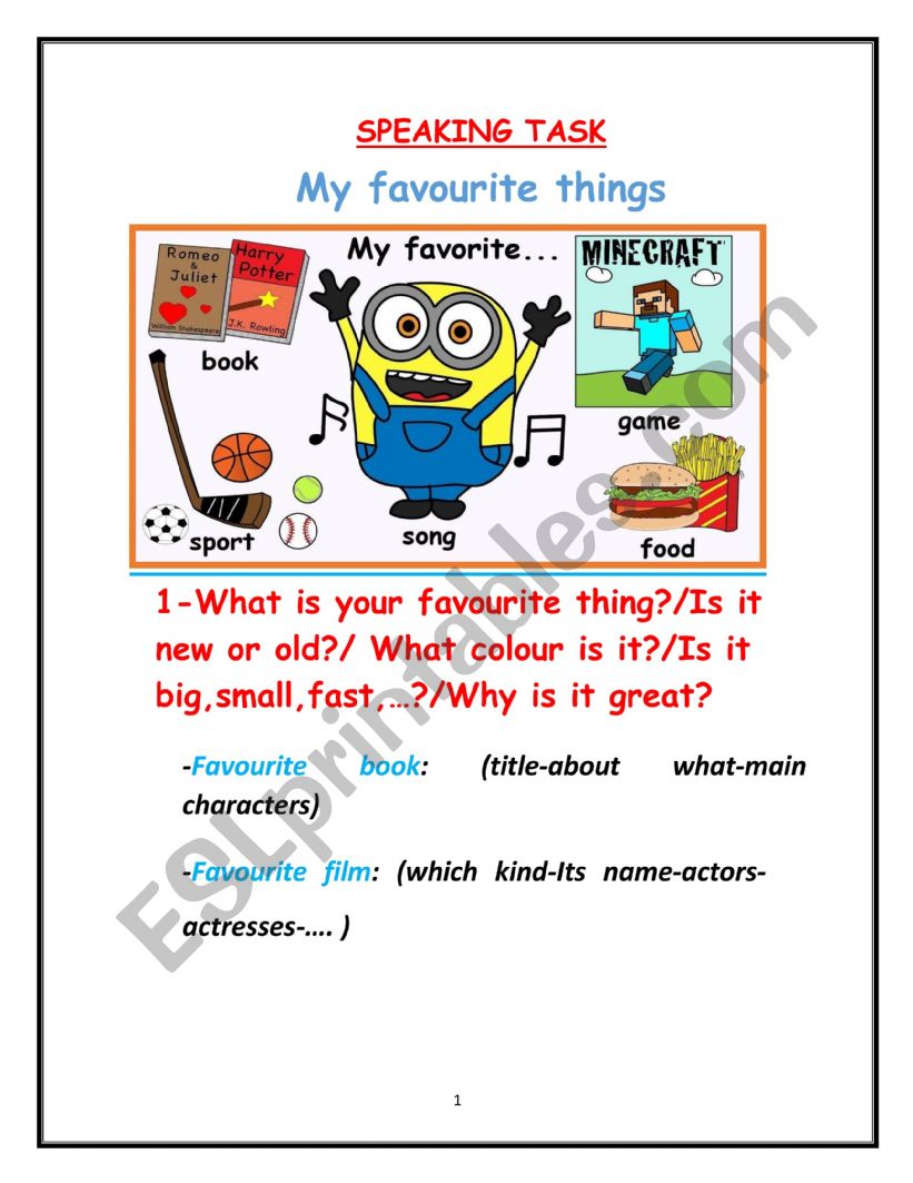 Letï¿½s talk about my favourite things - ESL worksheet by Asmaarayan