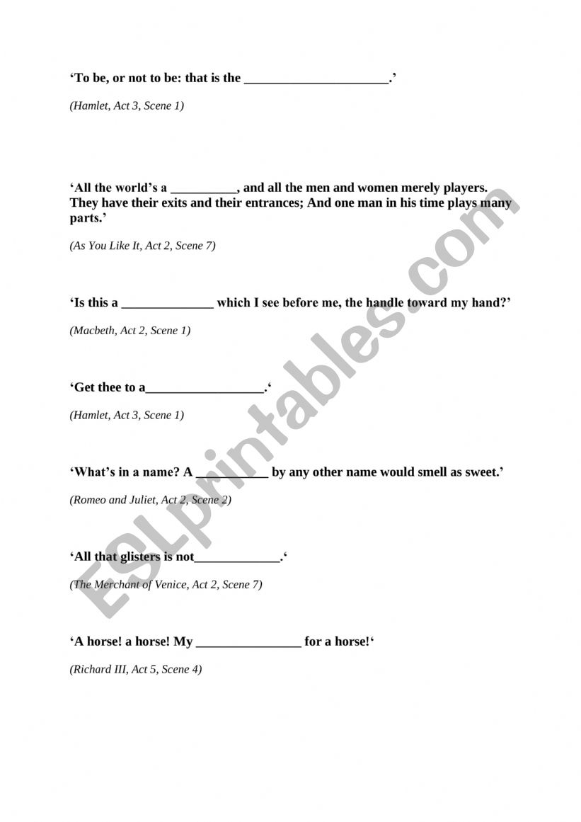 SHAKESPEARE´S QUOTES - FILL IN - ESL worksheet by LenkaW