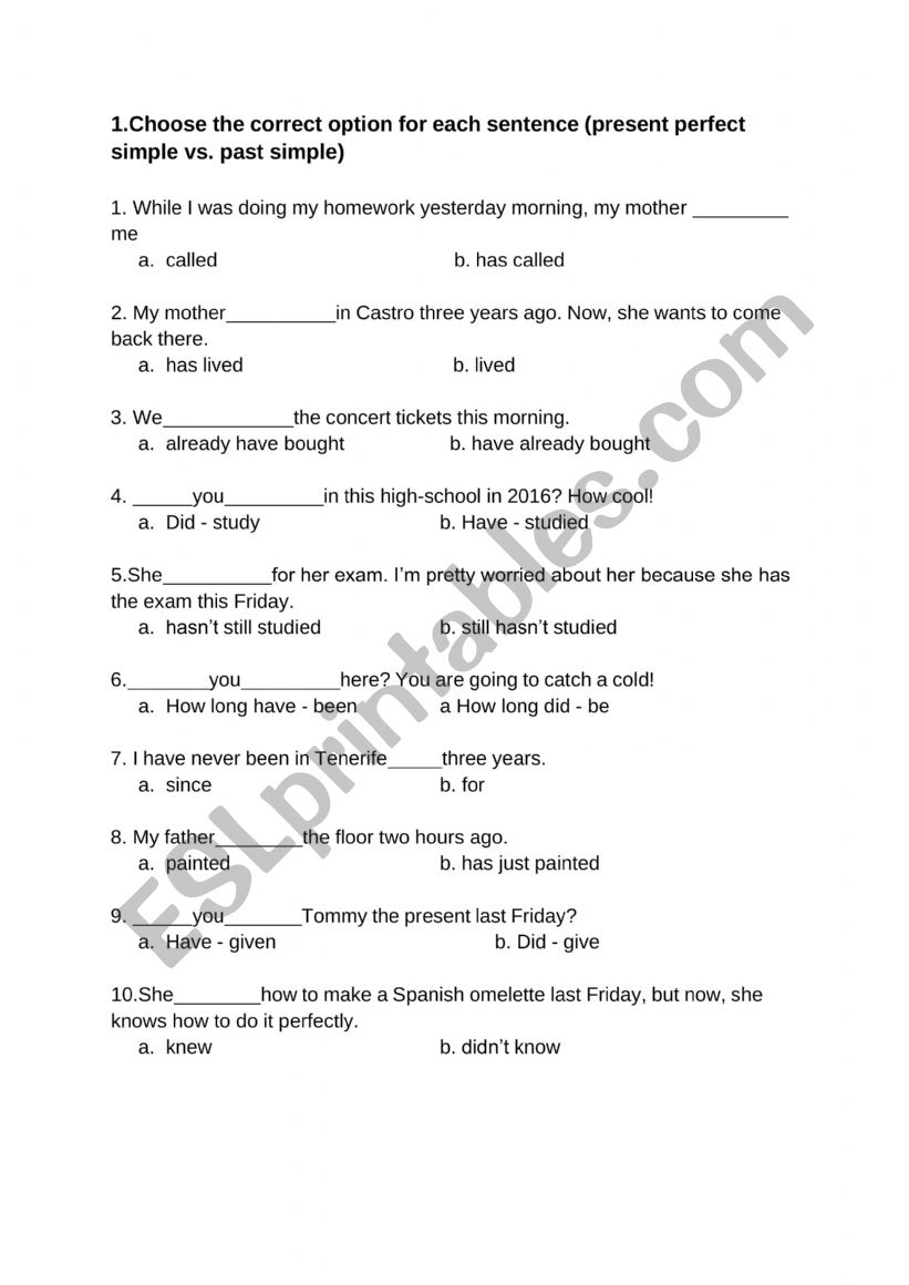 English worksheets: Múltiple choice: Present perfect simple and past simple