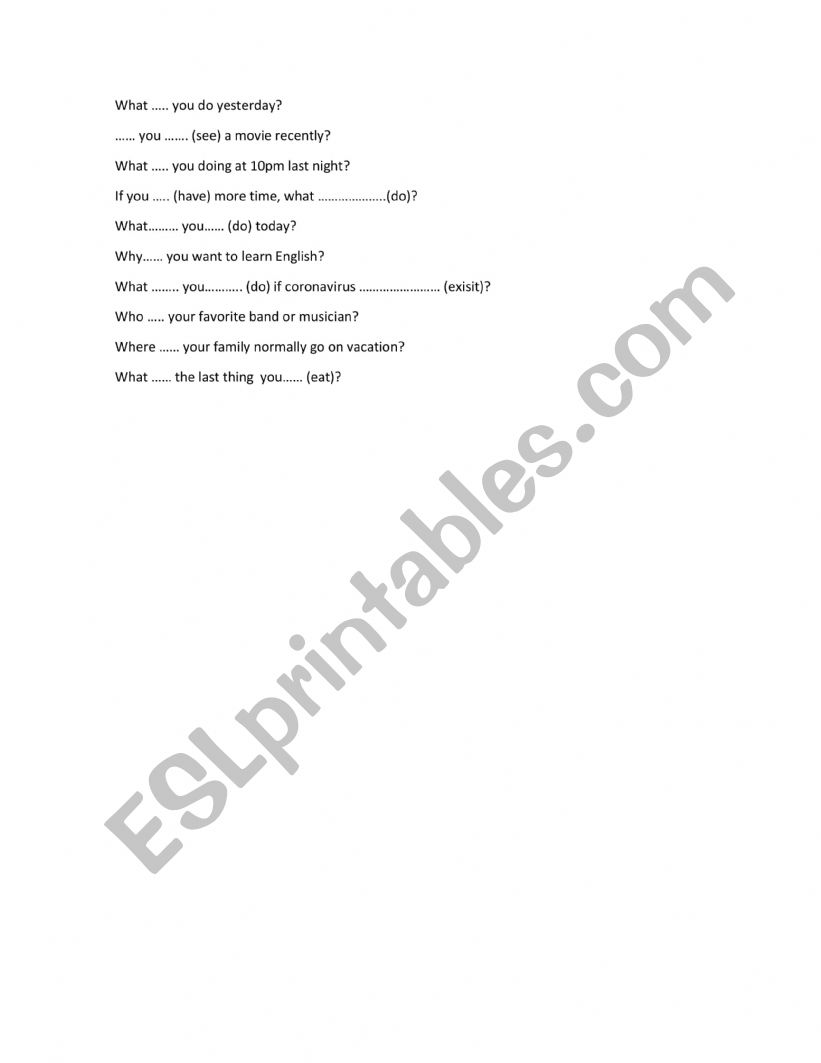 English worksheets: Questions with missing auxiliary verbs