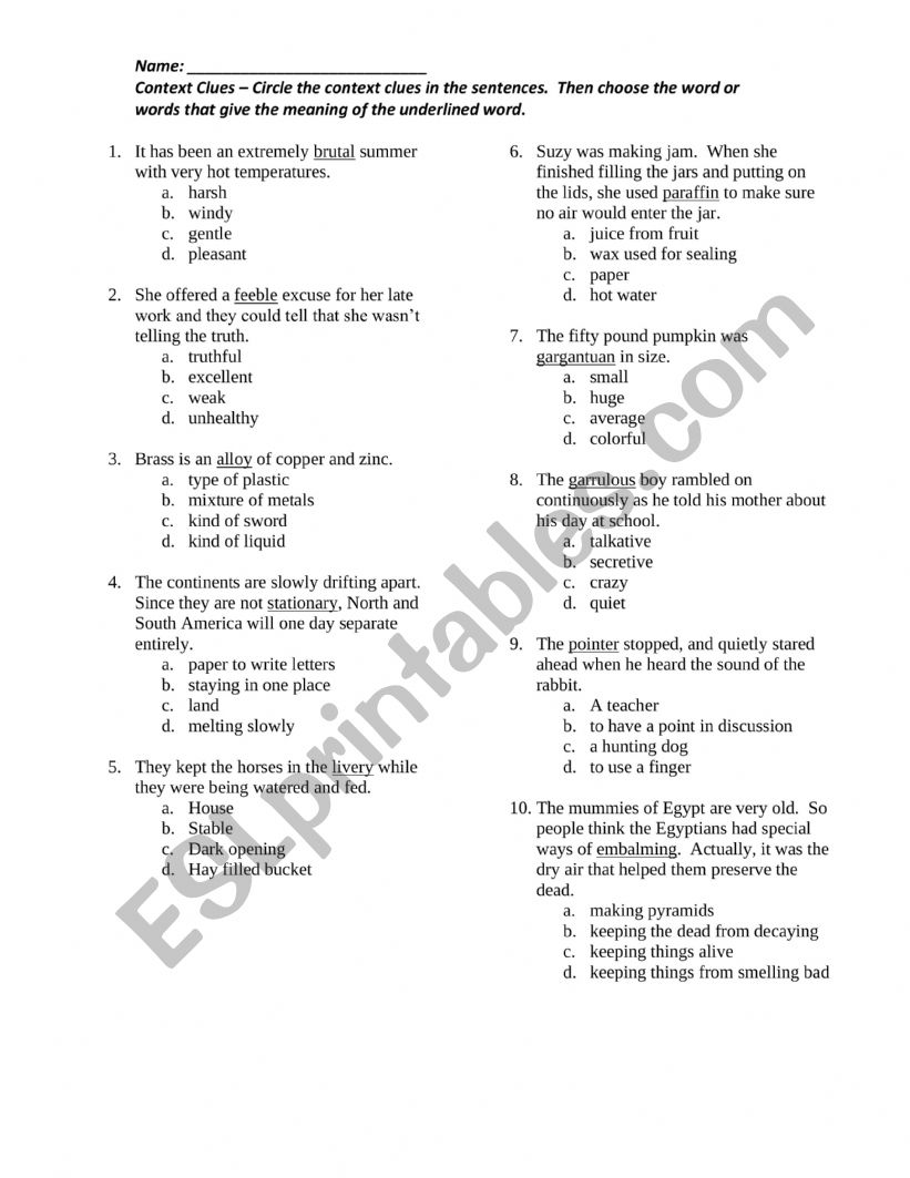 English worksheets: Context Clues Assessment