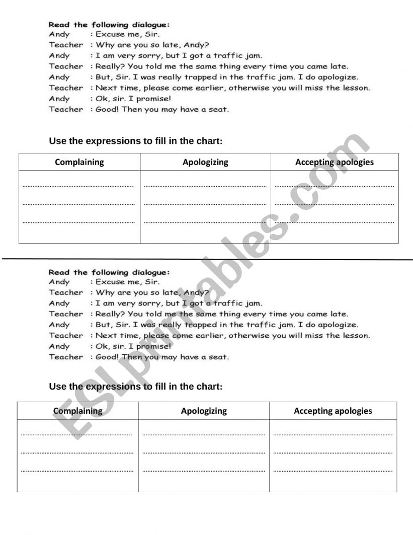 English worksheets: Apologies Worksheet