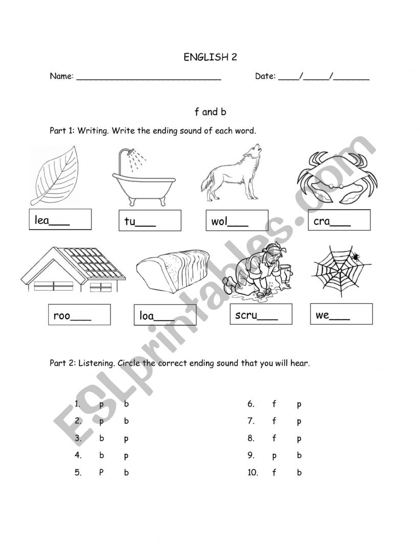 English worksheets: f and b ending sounds