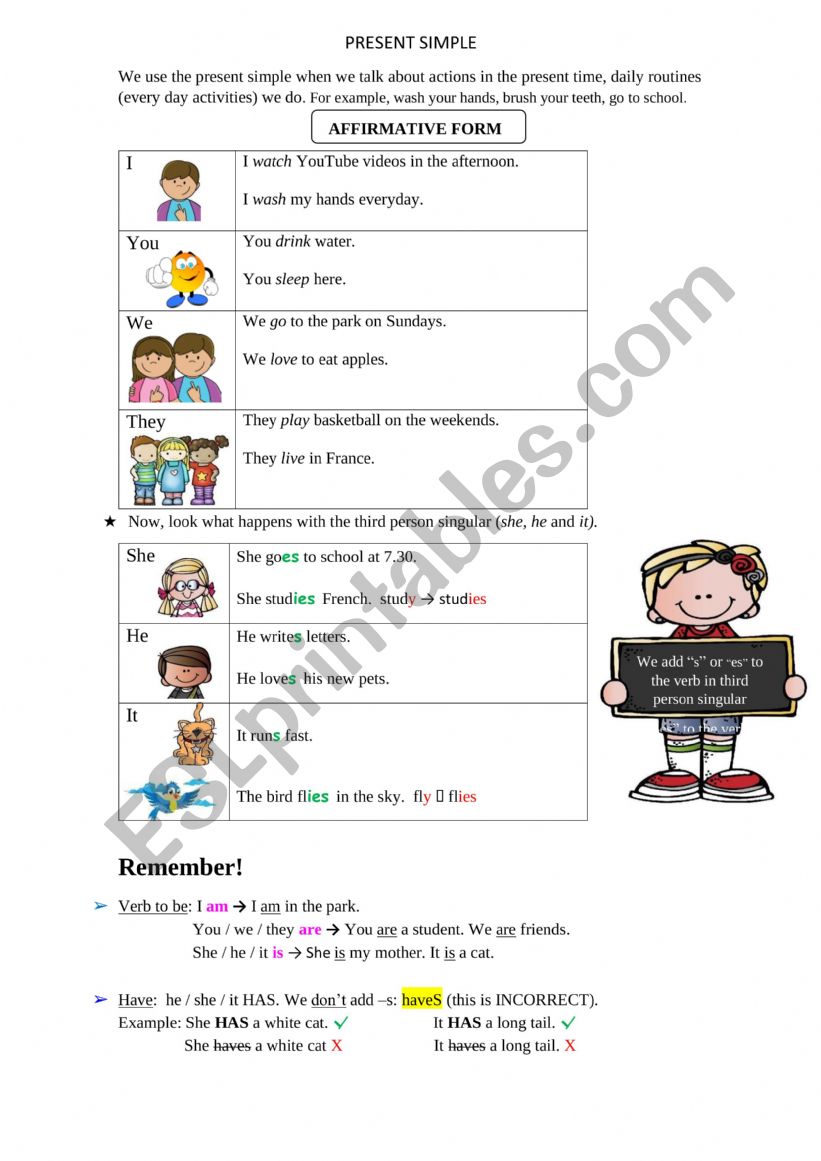 English worksheets: Present Simple - Affirmative form