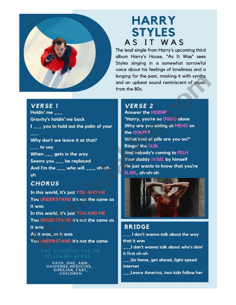 English worksheets: As it was - printable