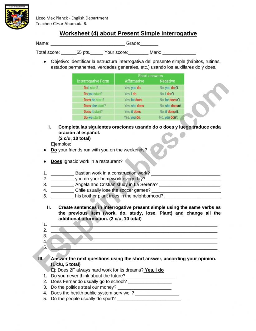 English worksheets: negative present simple