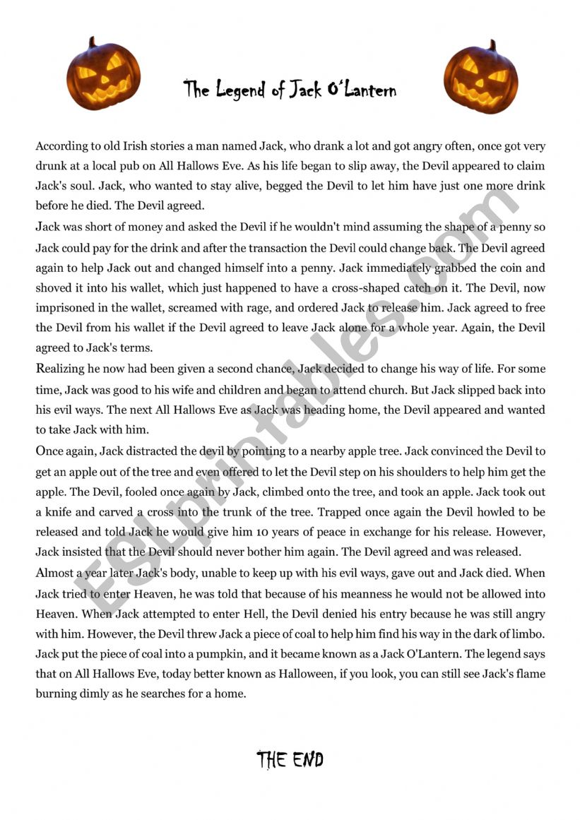 English worksheets: The legend of Jack O Lantern