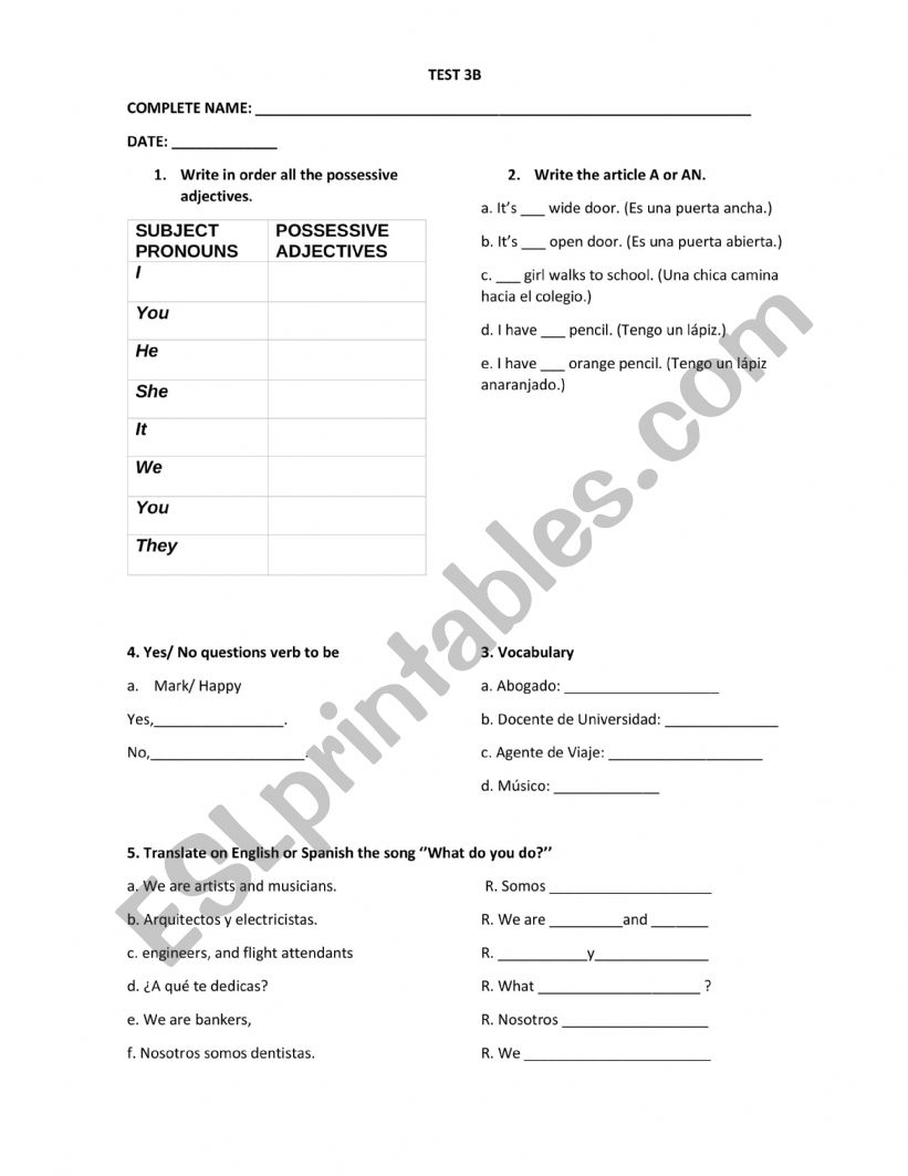 English worksheets: test for beginners