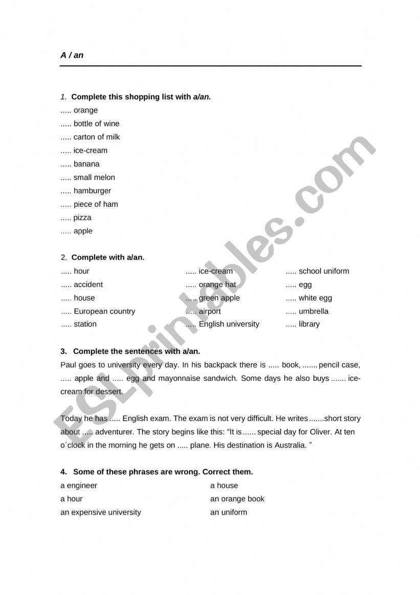 English worksheets: Articles a/an