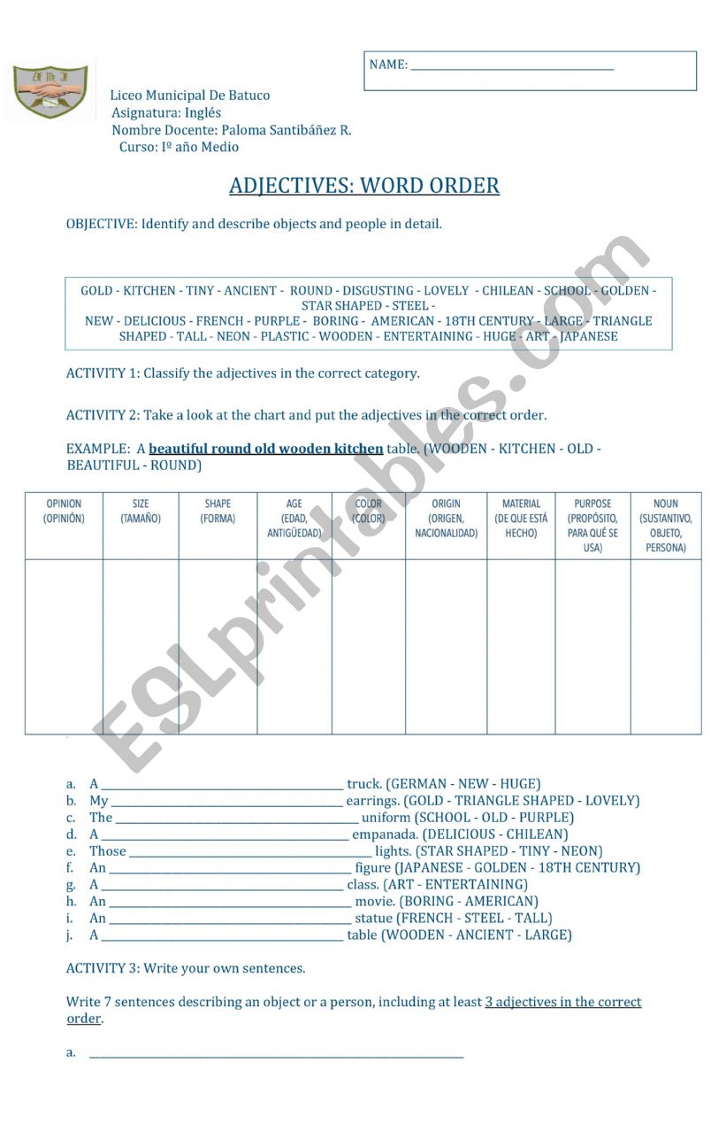 English worksheets: ADJECTIVE WORD ORDER