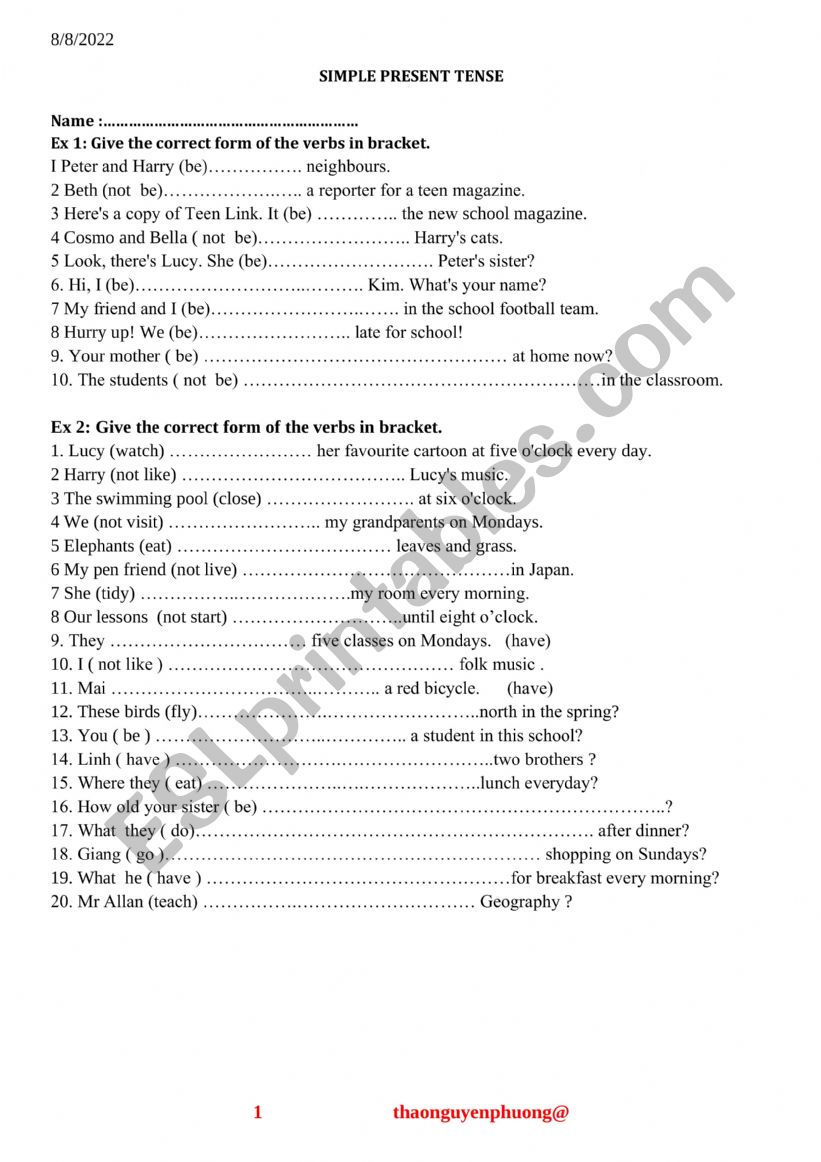 English worksheets: Simple present tense