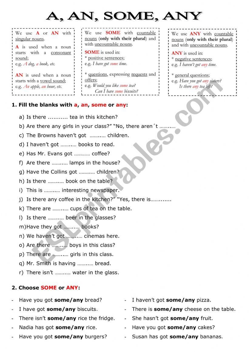 English worksheets: Some Any