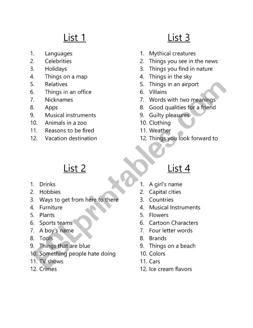 English worksheets: Scattergories Topic Lists