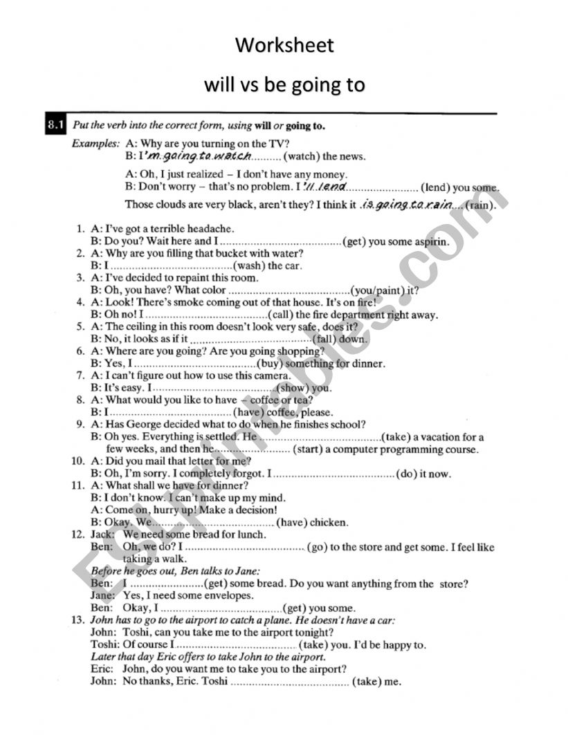 English worksheets: Will vs be going to