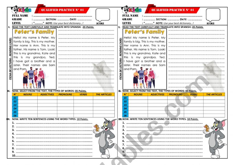 English worksheets: 01.-Reading comprehesión -Possessive adjectives.