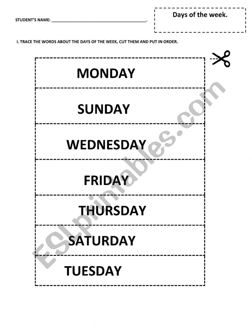 English worksheets: days of the week tracing