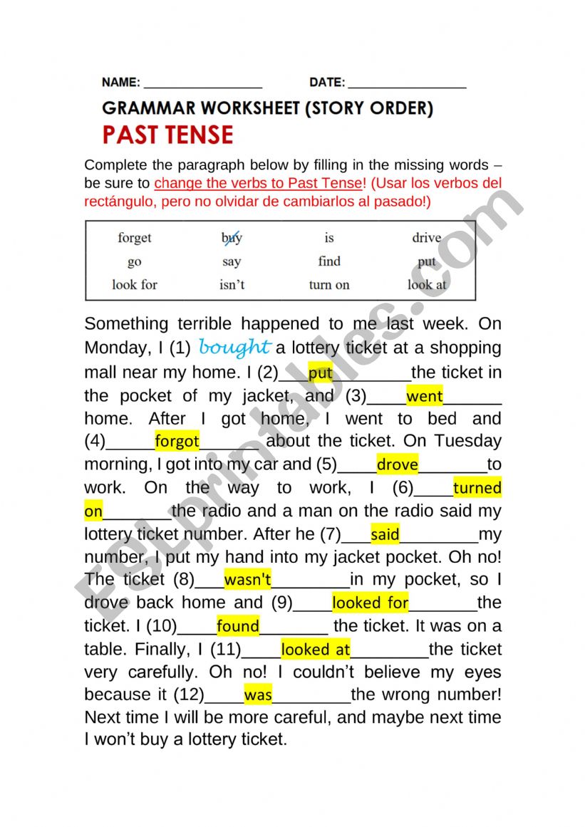English worksheets: Past tense