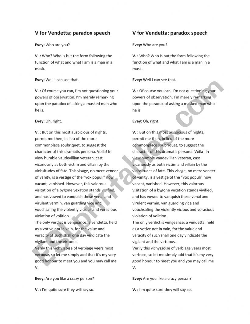 English worksheets: V for Vendetta - Intro speech