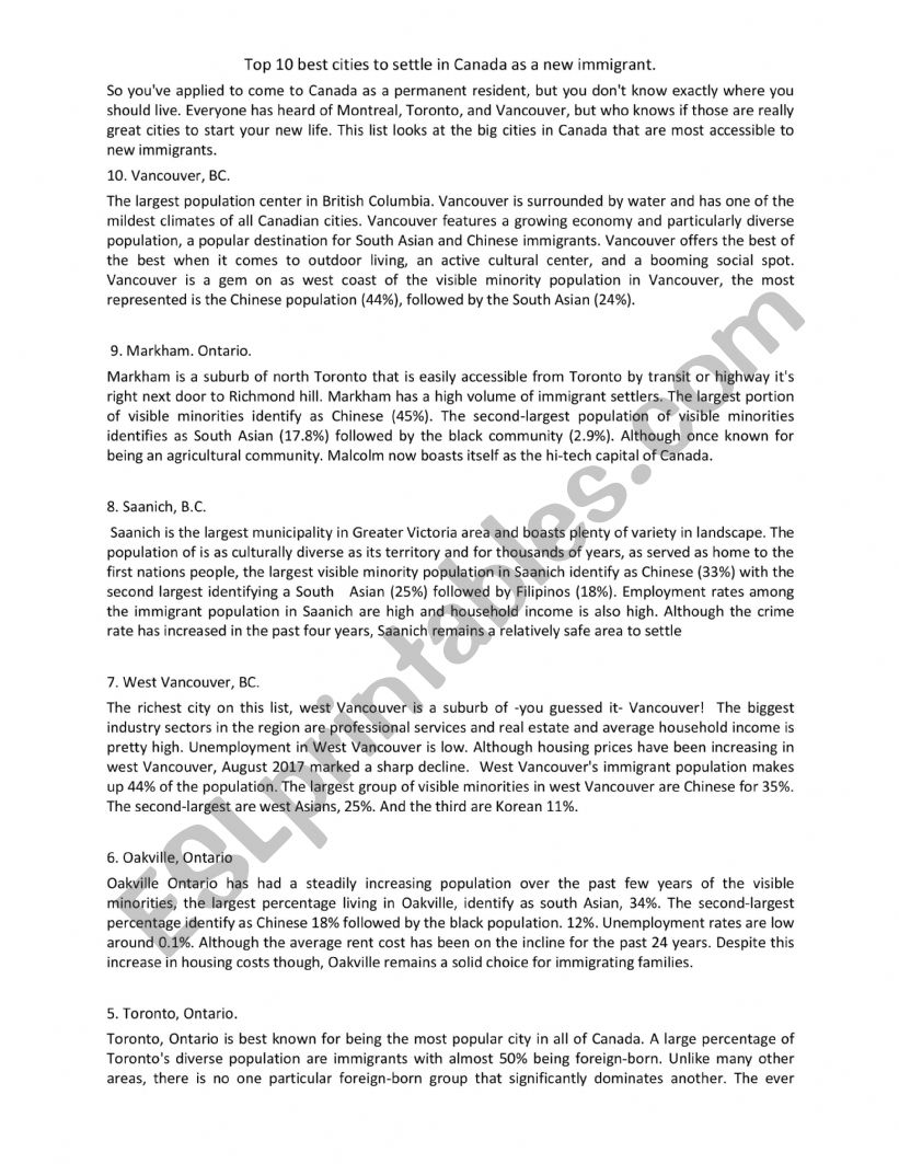 English worksheets: Top 10 Best cities canada