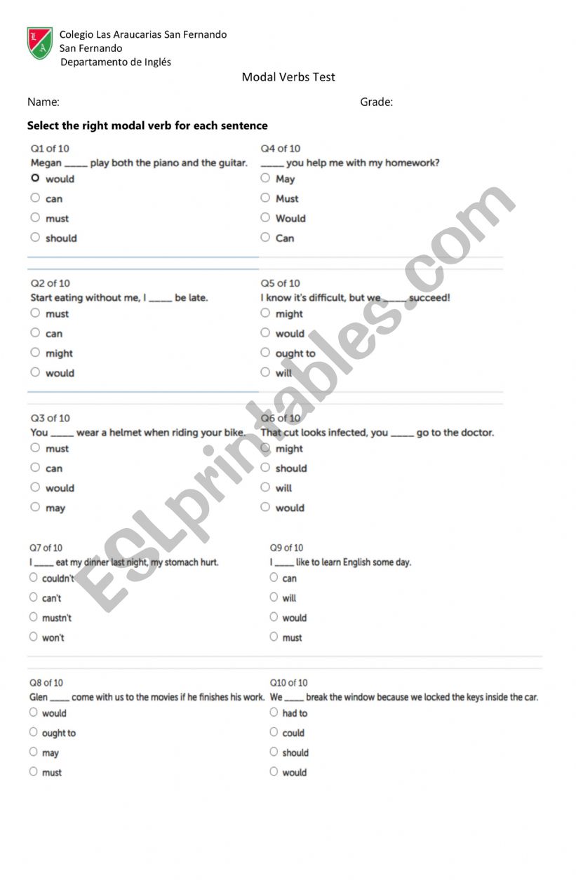 English worksheets: Modal Verbs Test