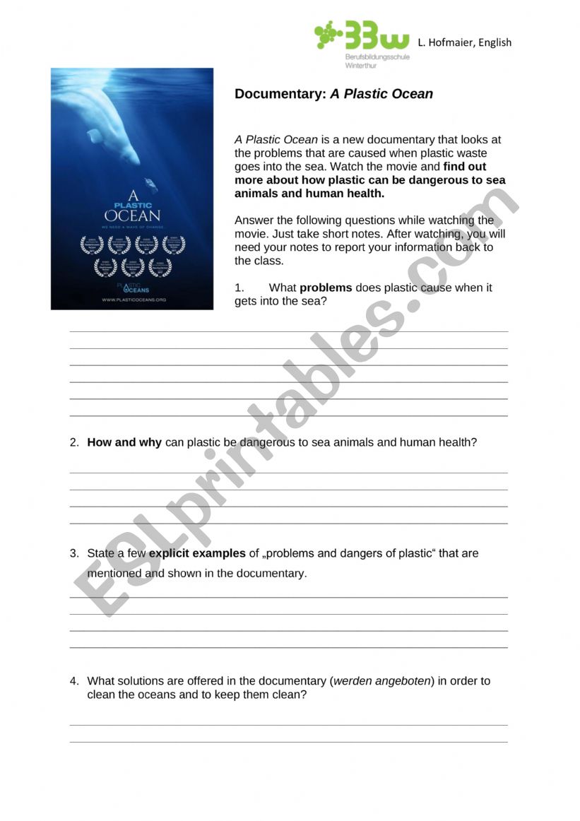 English worksheets: Worksheet for the Documentary A Plastic Ocean