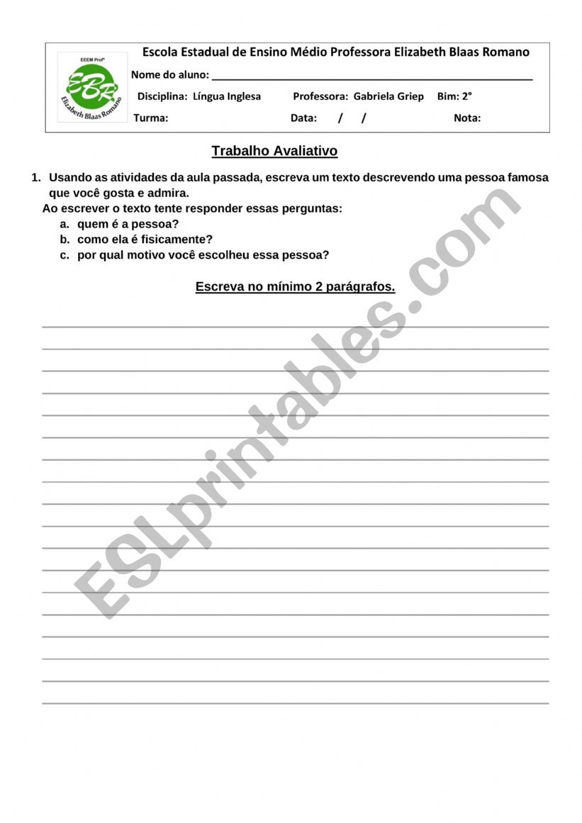 English worksheets: describing people writing homework