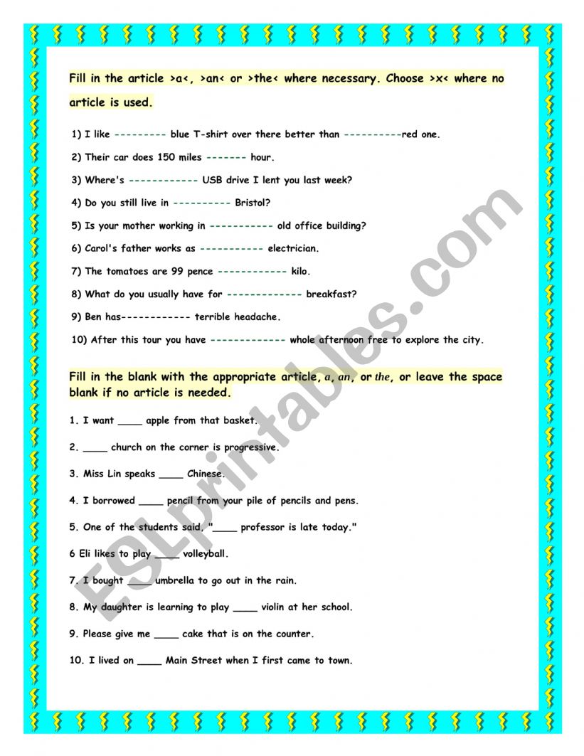 English worksheets: article