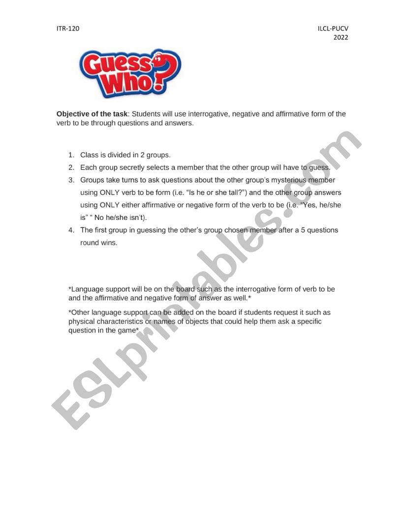 English worksheets: Guess who - Speaking task