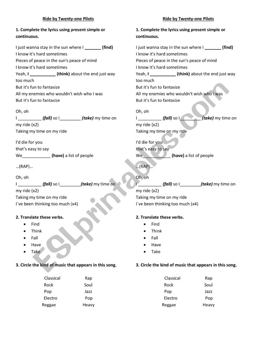 English worksheets: Ride by twenty one pioots