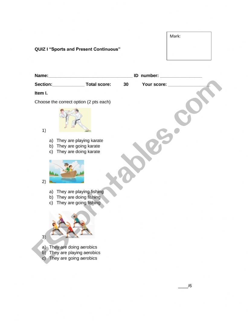 Quiz " Sports and Present Continuous" - ESL worksheet by LiaVillalobos