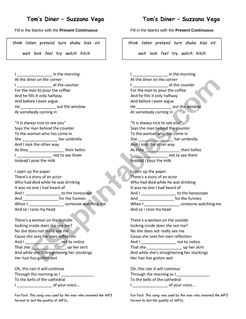 Tomï¿½s diner - Present Continuous song - ESL worksheet by michelle_sedf