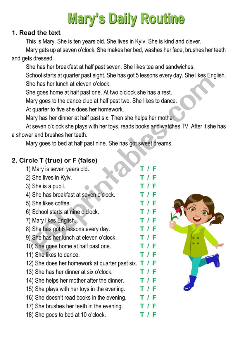 Mary´s Daily Routine - ESL worksheet by IrynaKashuk