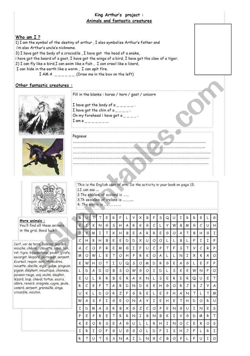 King Arthur’s project : Animals and fantastic creatures - ESL worksheet ...